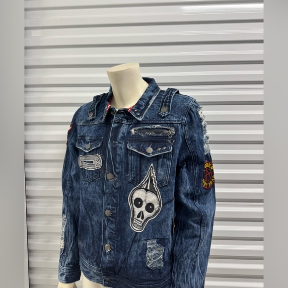 Imperious | Jackets & Coats | Mens Denim Bomber Jacket With Skull Patch ...